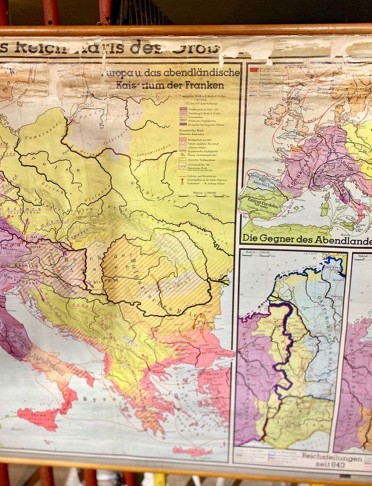 German Fabric, Paper & Pine Map, 1950s for sale at Pamono