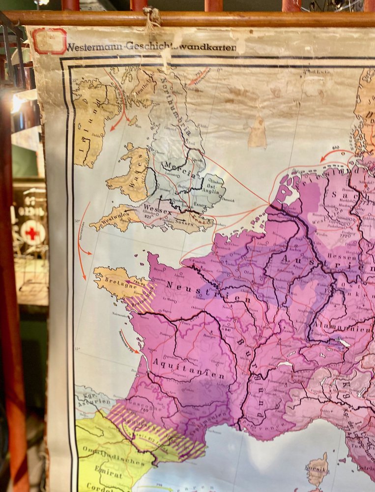 German Fabric, Paper & Pine Map, 1950s for sale at Pamono