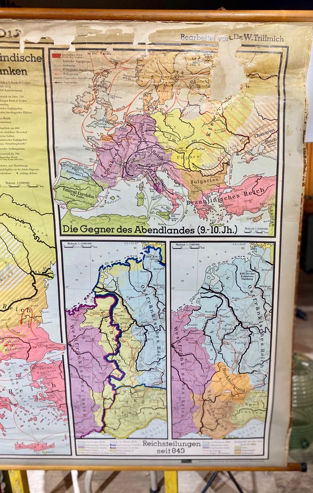 German Fabric, Paper & Pine Map, 1950s for sale at Pamono