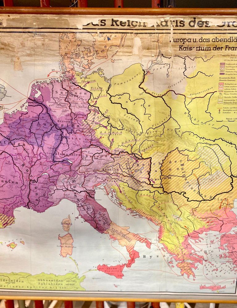 German Fabric, Paper & Pine Map, 1950s for sale at Pamono