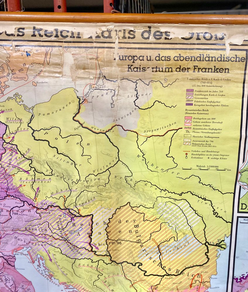 German Fabric, Paper & Pine Map, 1950s for sale at Pamono