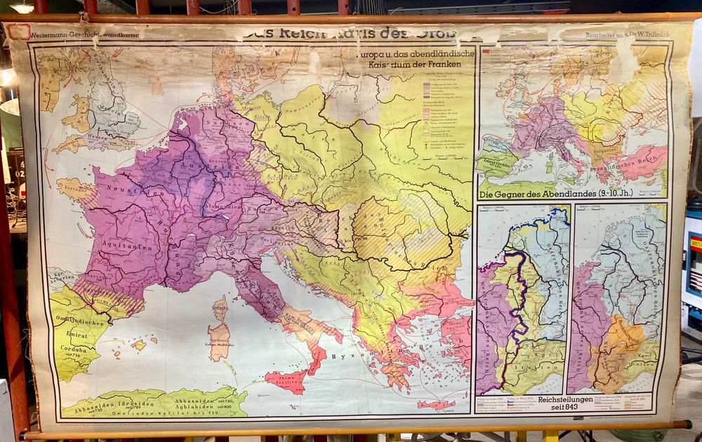 German Fabric, Paper & Pine Map, 1950s for sale at Pamono