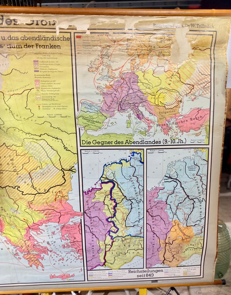 German Fabric, Paper & Pine Map, 1950s for sale at Pamono