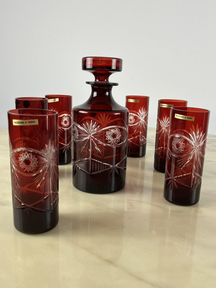 Bottle & Colored Lead Crystal Glasses, Italy, 1980, Set of 7 for sale ...