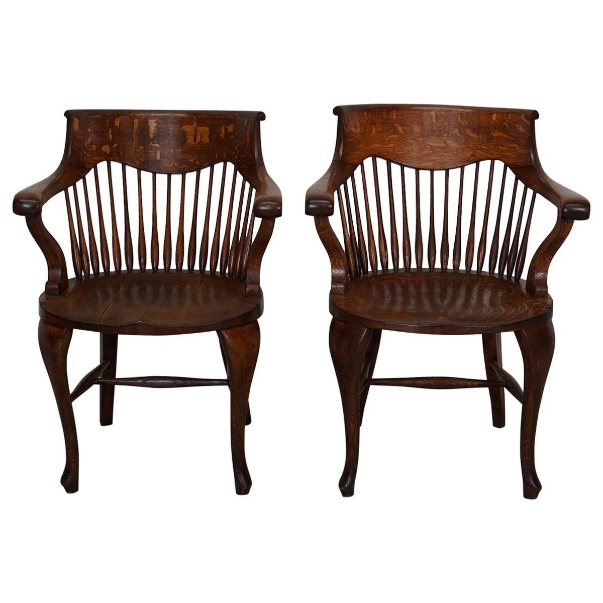 Edwardian English Oak Spindle Back Captains Office Desk Chairs, Set of ...