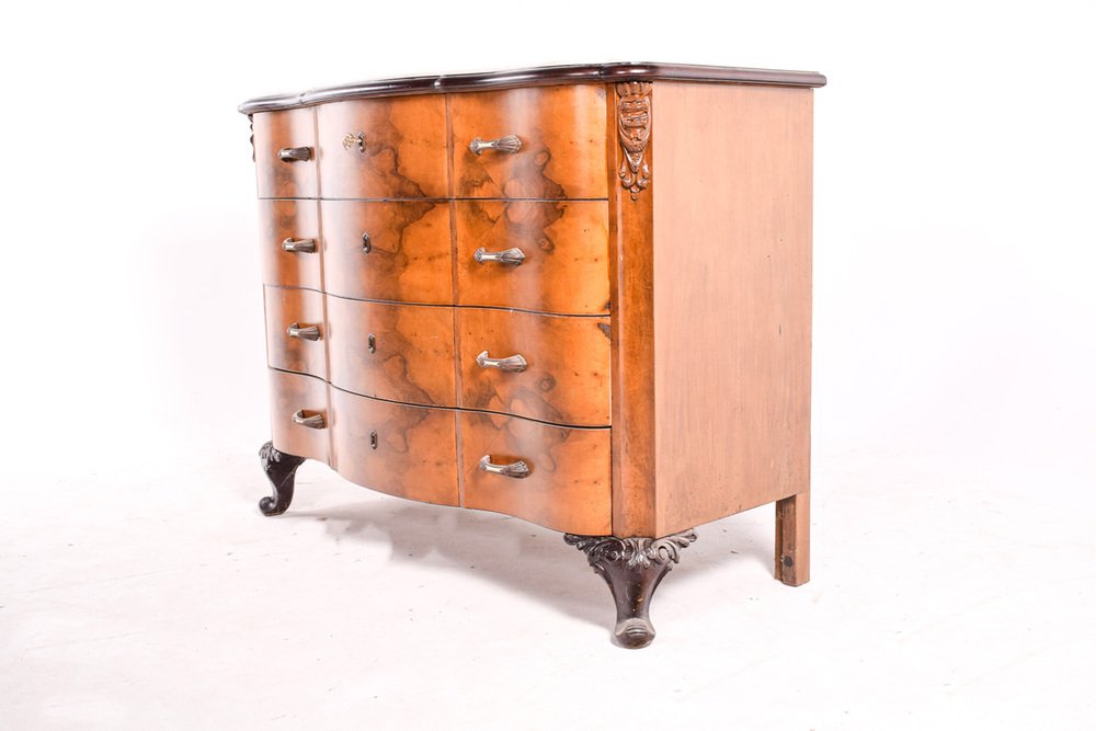 English Walnut Serpentine Commode with Marble Top, 1890 for sale at Pamono