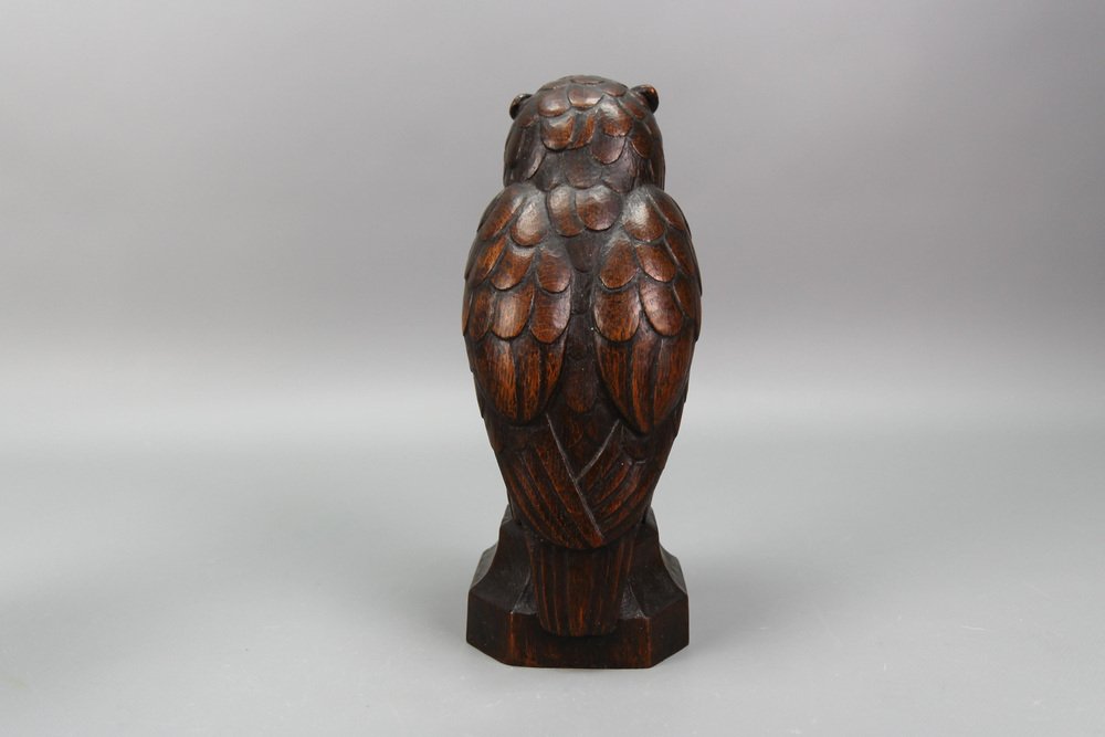 German Hand-Carved Oakwood Owl Sculpture with Glass Eyes, 1930s for ...