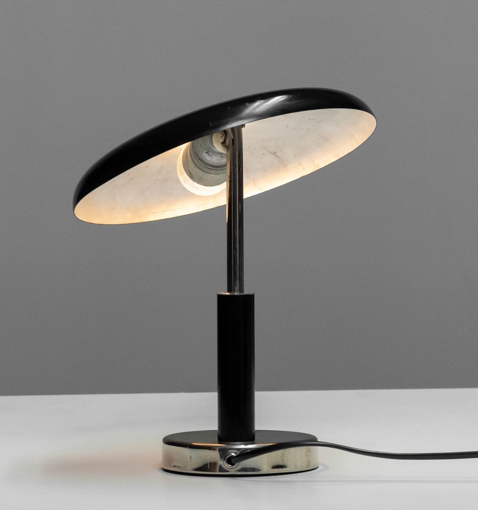 Art Deco Desk Lamp in Chrome with Fixed Tilted Black Lacquered Shade ...