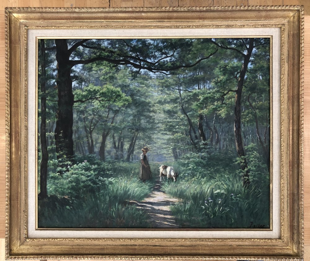 Adolphe Potter, Femme et chèvre dans un paysage boisé, Oil on Canvas ...