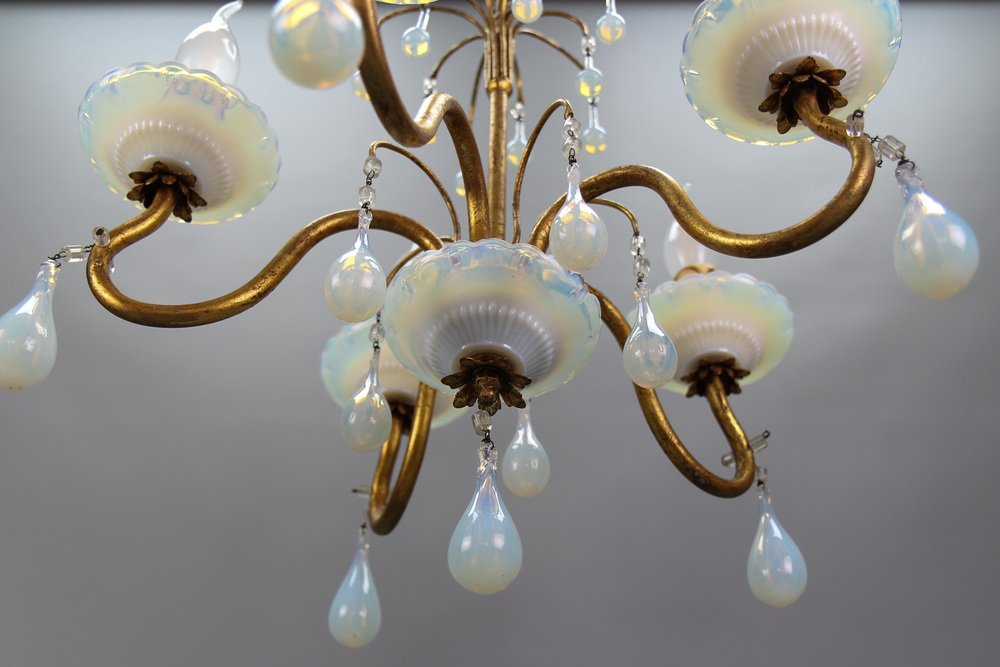Italian Florentine Gilt Metal and White Opalescent Glass Five-Light ...