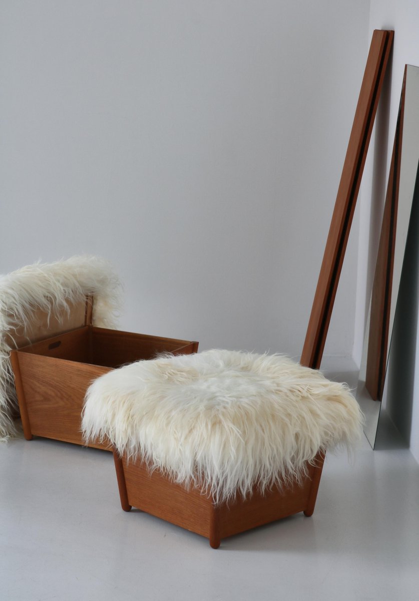 Set of Modern Scandinavian Stools in Oak and Sheepskin, Denmark, 1960s ...