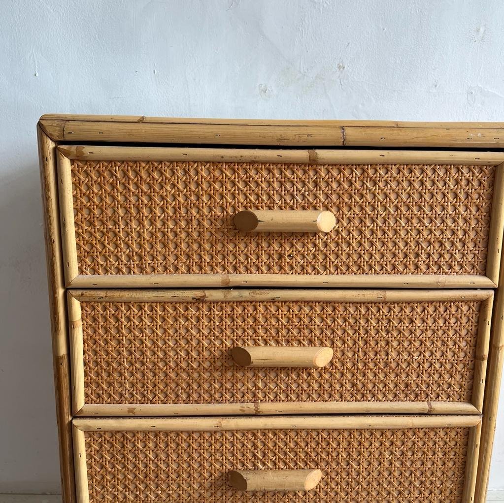 Vintage Chest of Drawers in Cane and Bamboo, 1970s for sale at Pamono