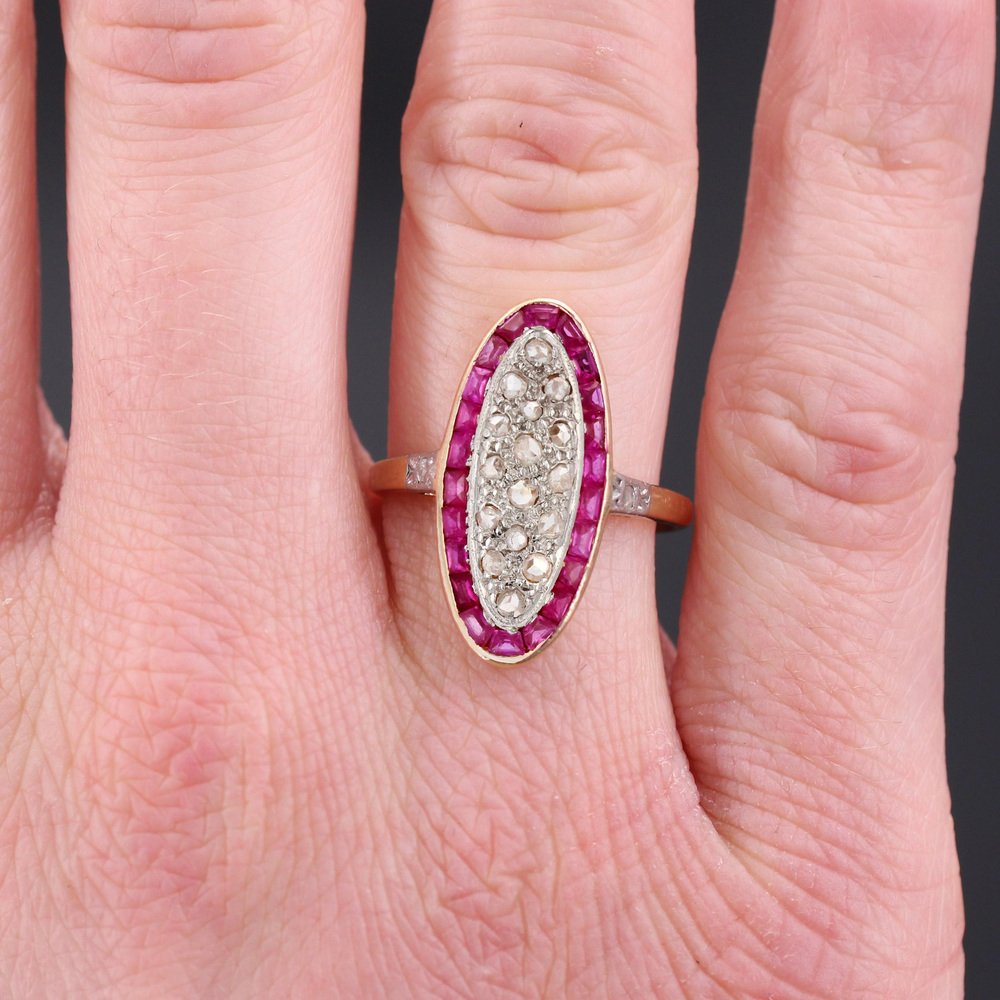 Ruby Diamonds 18 Karat Yellow Gold Platinum Shuttle Shape Ring, 1920s ...
