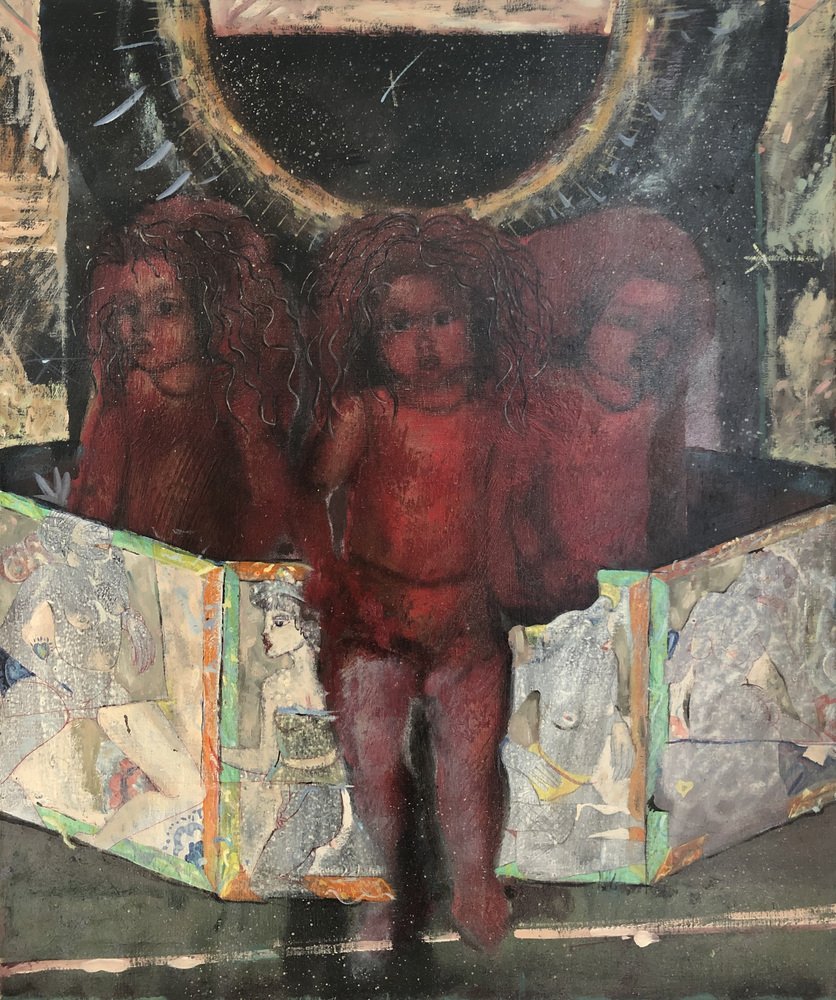 Luc Michel Schüpfer, Les trois poupées, Oil on Canvas for sale at Pamono