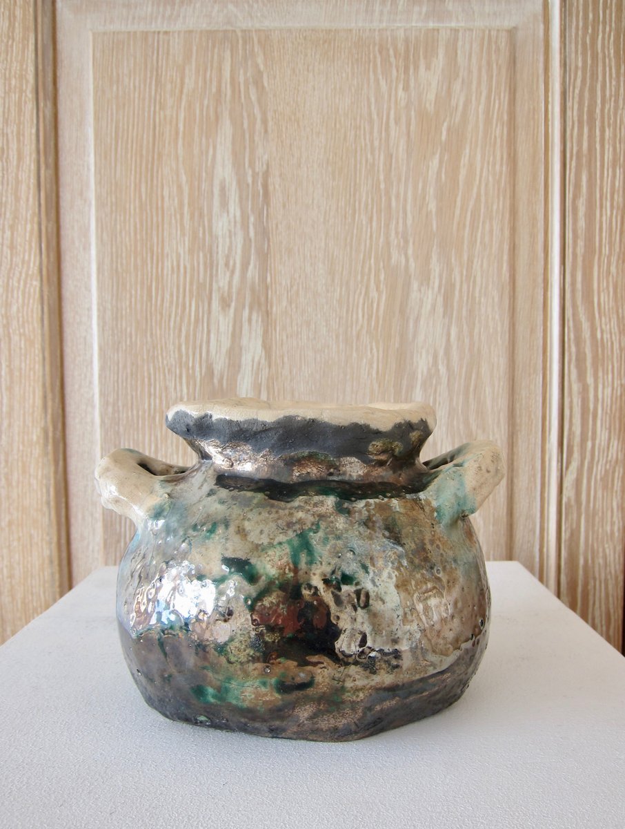 Japanese Raku Metal & Enameled Ceramic Vase, 1980s for sale at Pamono