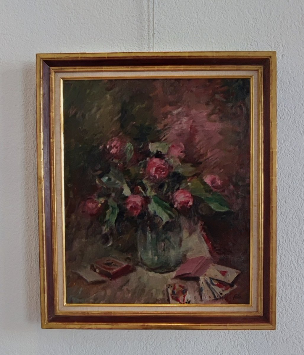 Henri Fehr, Nature morte au vase de roses et jeu de cartes, Öl auf ...