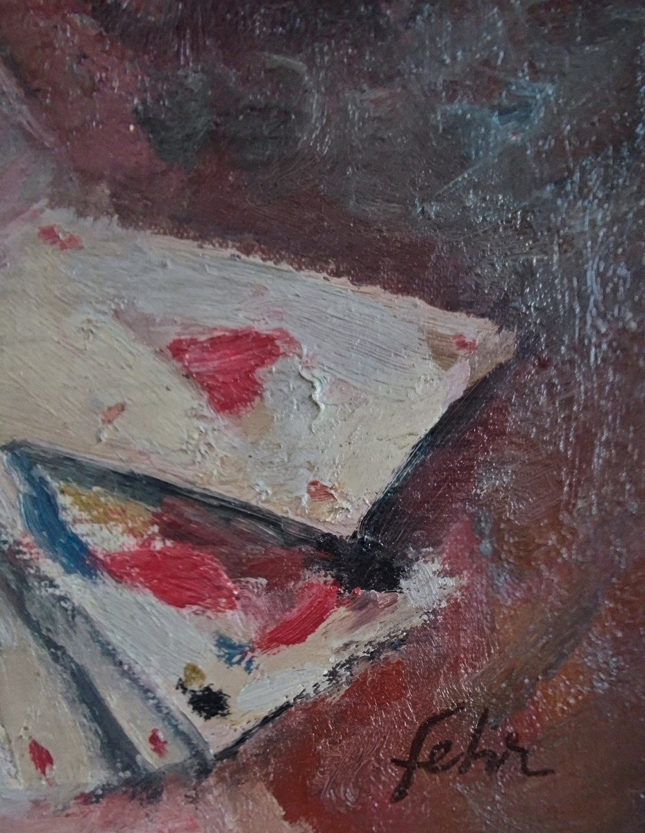 Henri Fehr, Nature morte au vase de roses et jeu de cartes, Öl auf ...
