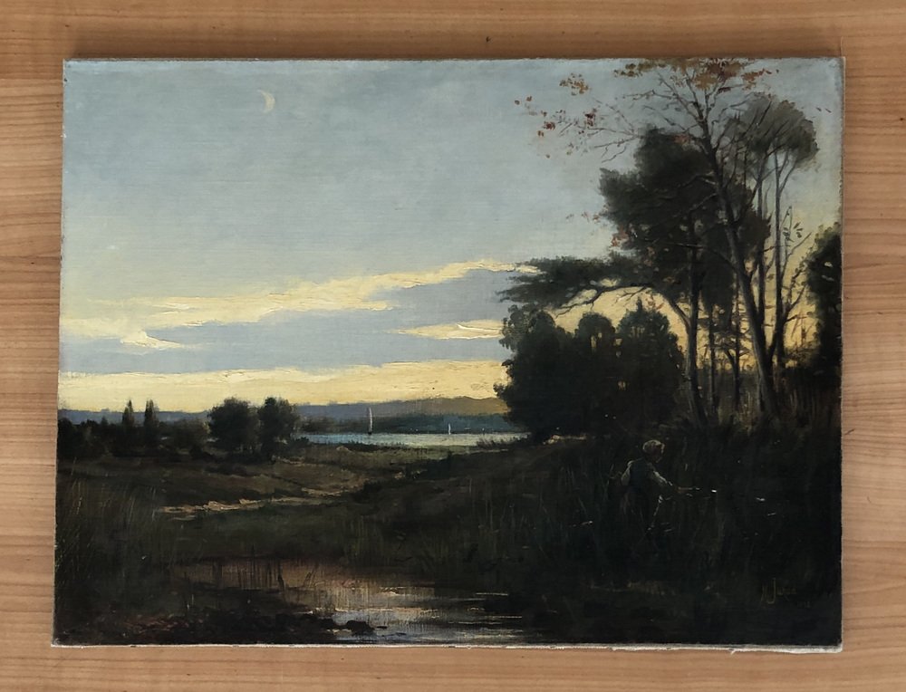 N. Junod, Voiliers sur le lac dans un paysage animé, 1898, Öl auf ...