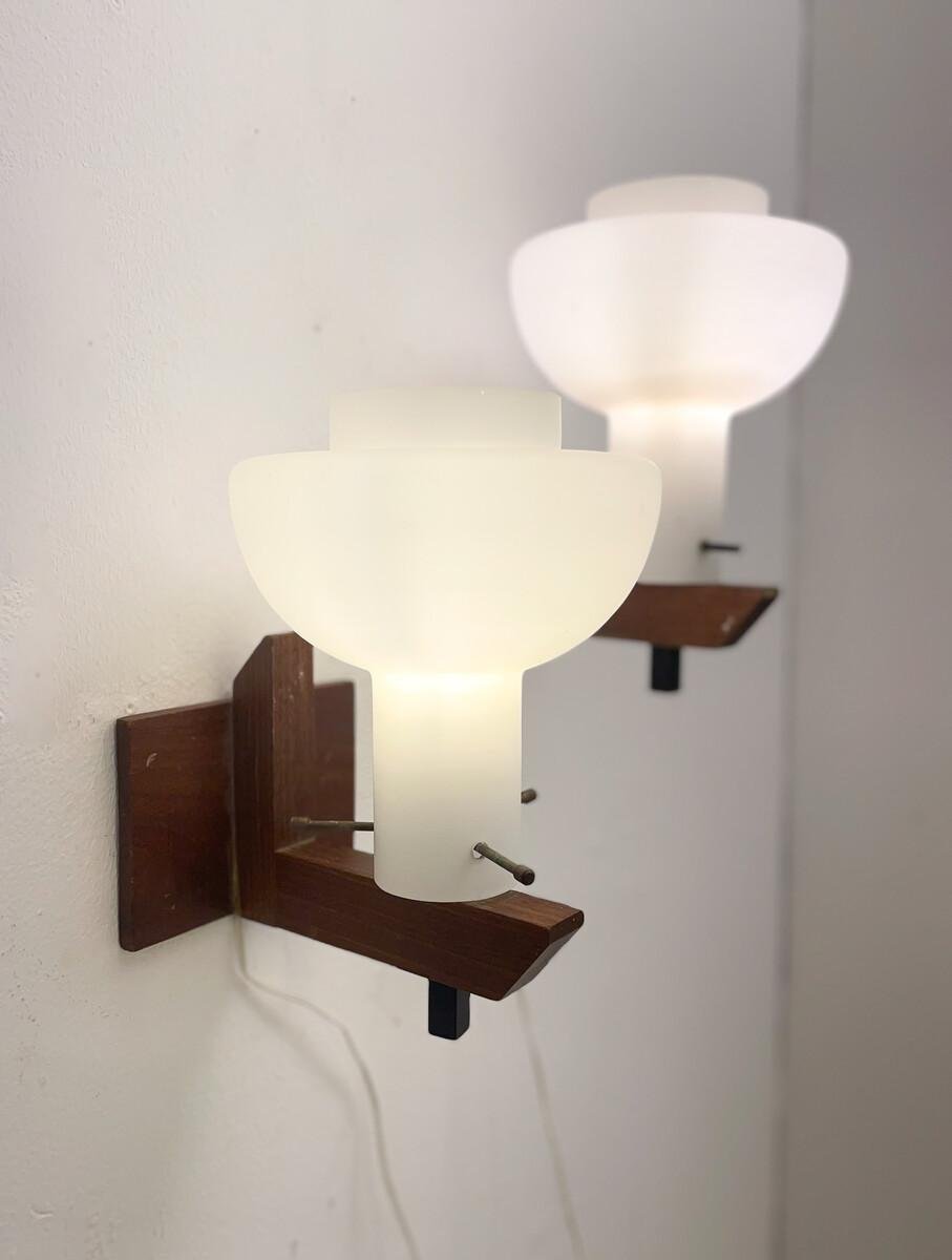 Mid-Century Modern Wall Light in Wood and Opaline, 1970s, Set of 2 for ...