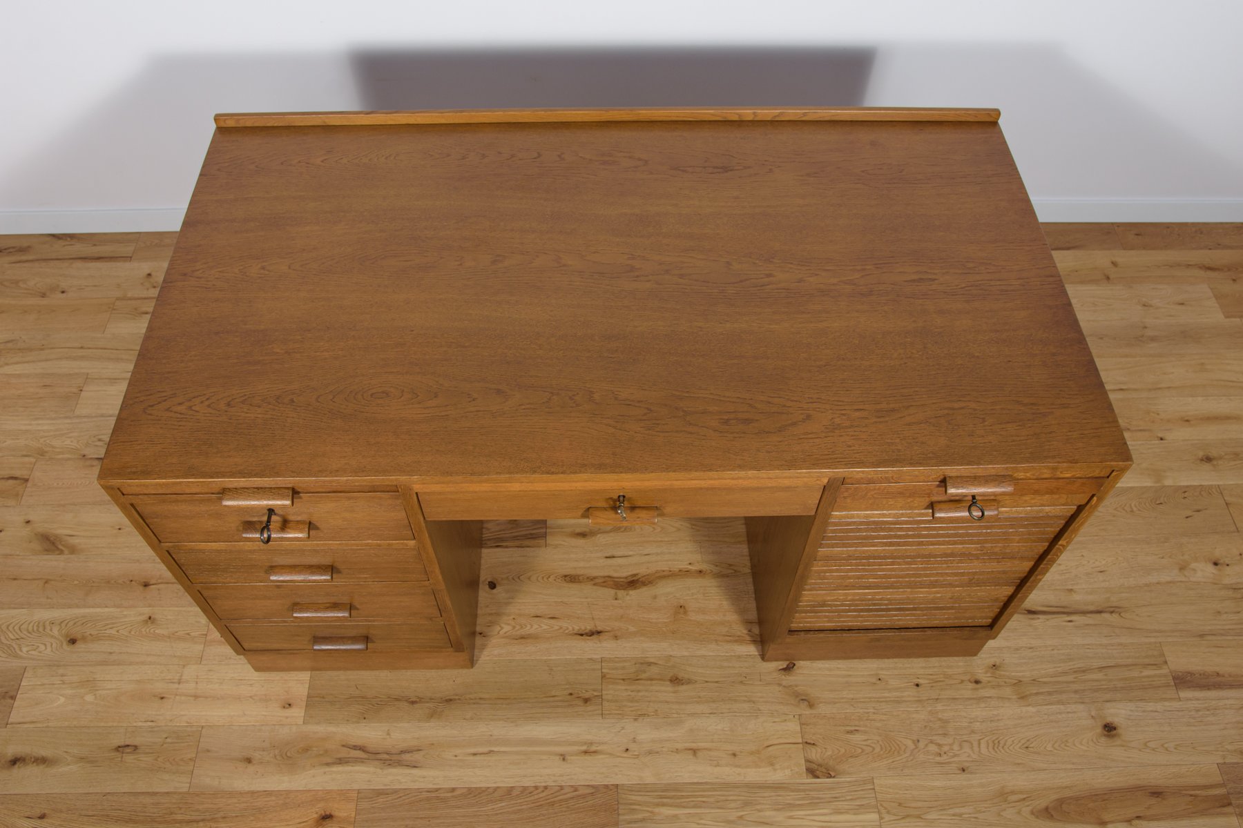 Vintage Oak Desk with Roller Doors, 1940s for sale at Pamono