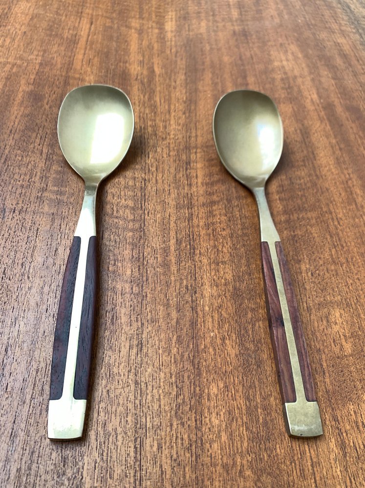 Mid-Century Brass and Teak Spoons, 1960s, Set of 2 for sale at Pamono