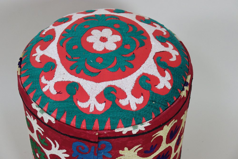 Vintage Oriental Stool with Suzani Upholstery, 1950s for sale at Pamono