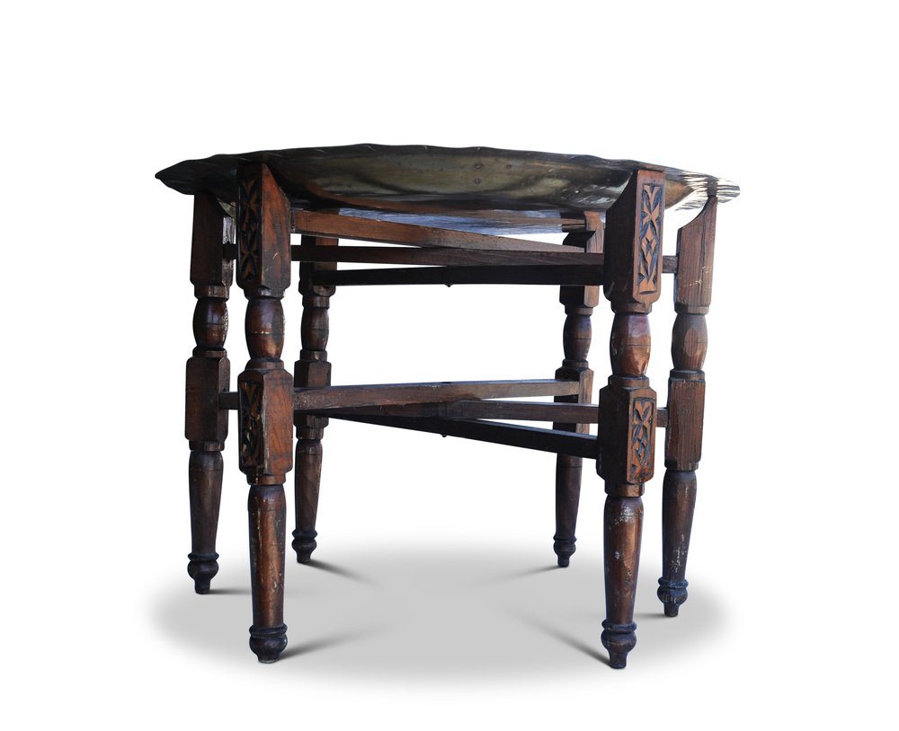 Antique Tea Table in Brass and Hardwood, 1890s for sale at Pamono