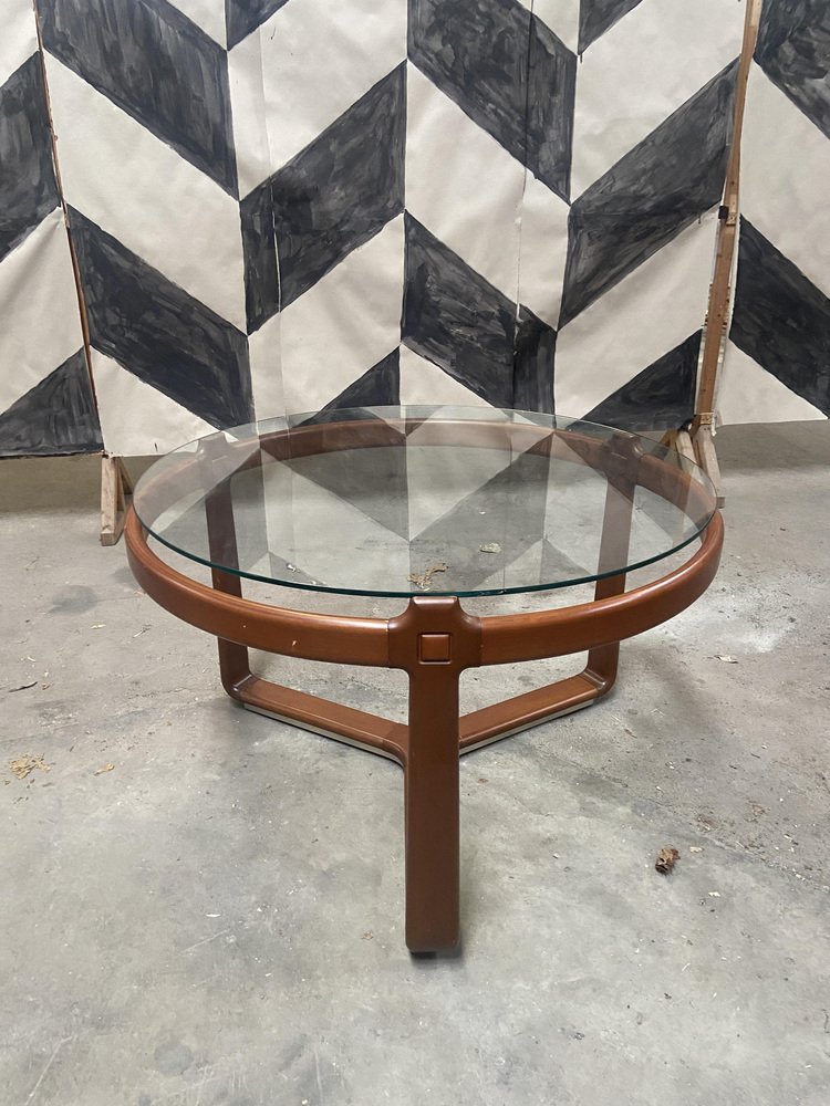 Mid-Century Modern Italian Round Cherry Wood Table with Smoked Glass ...
