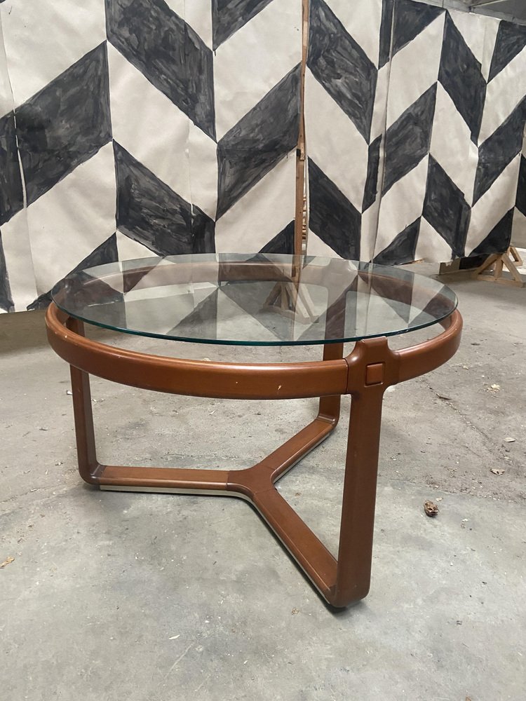 Mid-Century Modern Italian Round Cherry Wood Table with Smoked Glass ...