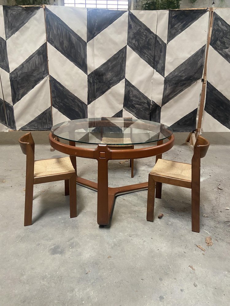 Mid-Century Modern Italian Round Cherry Wood Table with Smoked Glass ...