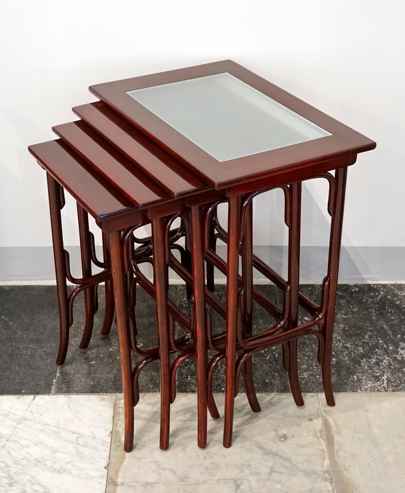 Art Nouveau Nesting Tables in Stained Mahogany from Gebrüder Thonet Vienna GmbH, Vienna, 1890s ...