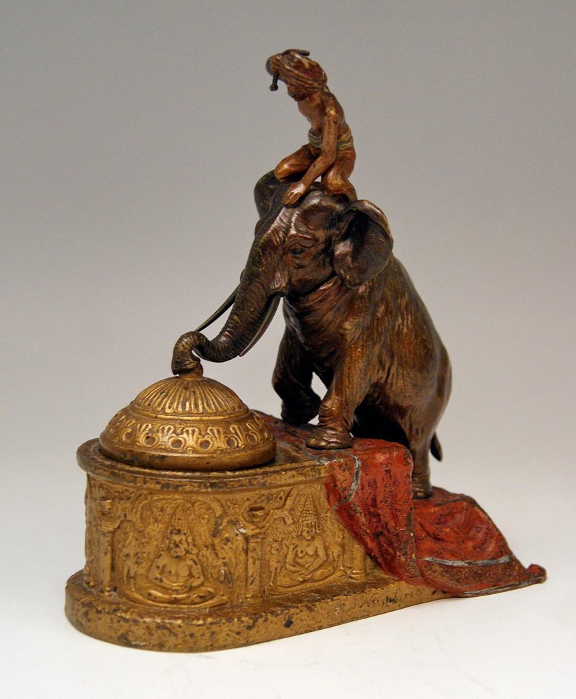 Vienna Bronze Indian Man on Elephant Inkpot from Bergman, 1880s for ...