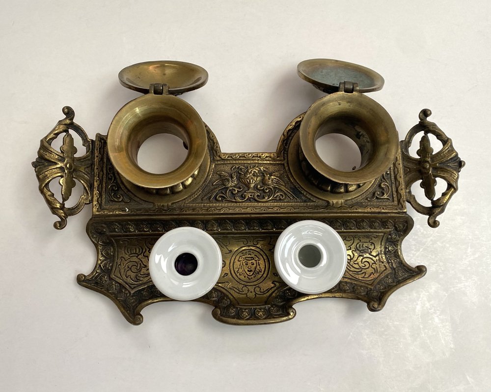 AntiqueFrench Cast Brass Double Inkwell, 1900s for sale at Pamono