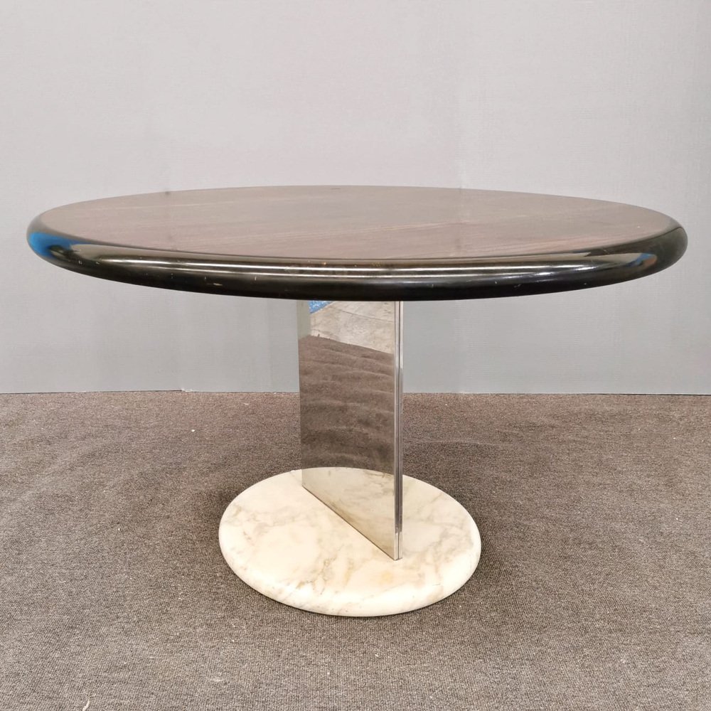 Vintage Round Wooden Table with Marble Base and Steel Stem Base, 1970s ...