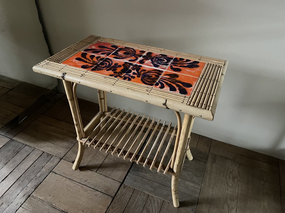 Small Tiled Bamboo Table for sale at Pamono