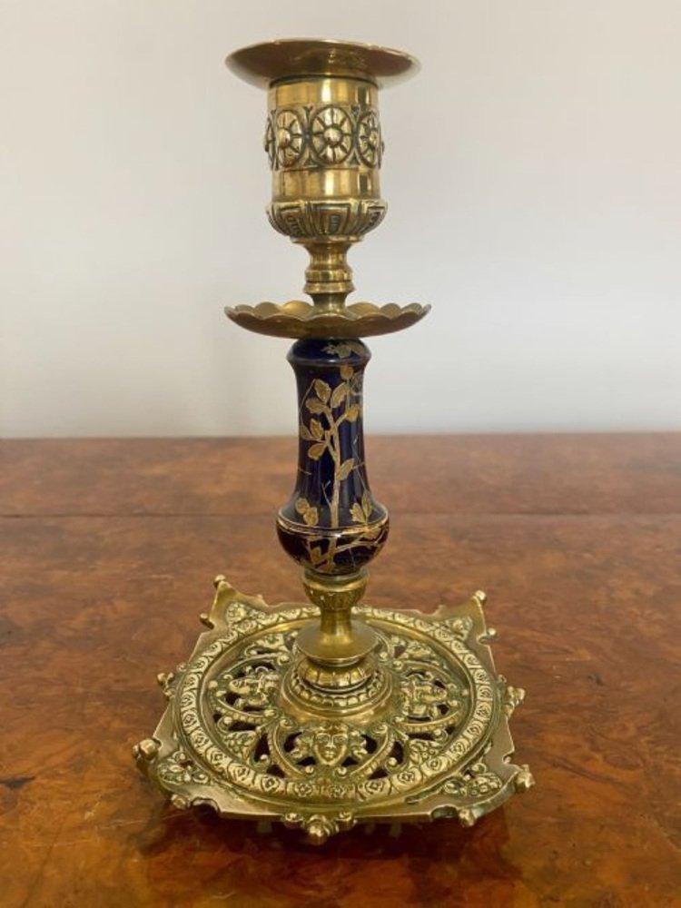 Antike viktorianische Kerzenständer aus Messing & Porzellan, 1880, 2er ...