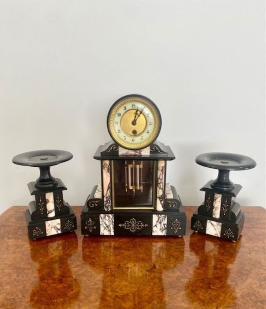 Antique Victorian Block Marble Clock, 1860, Set of 3 for sale at Pamono