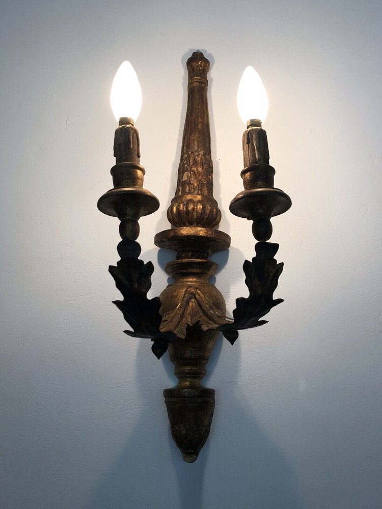 Large Vintage Italian Wall Lights in Gilded Wood and Metal Arms, 1950s ...