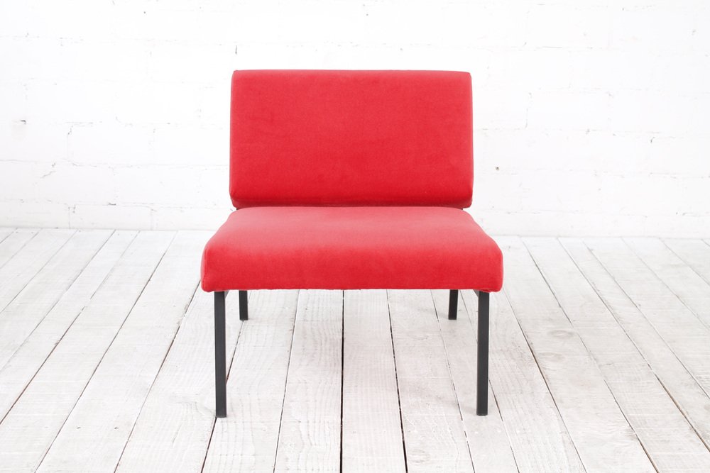 Red Lounge Chair with Black Square Steel, 1960s for sale at Pamono