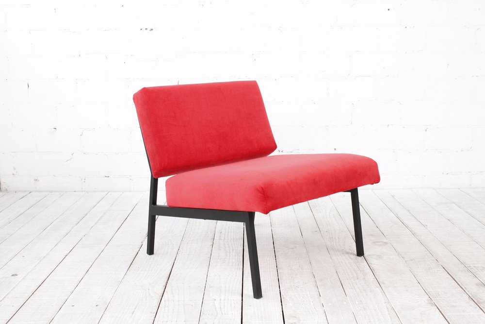 Red Lounge Chair with Black Square Steel, 1960s for sale at Pamono