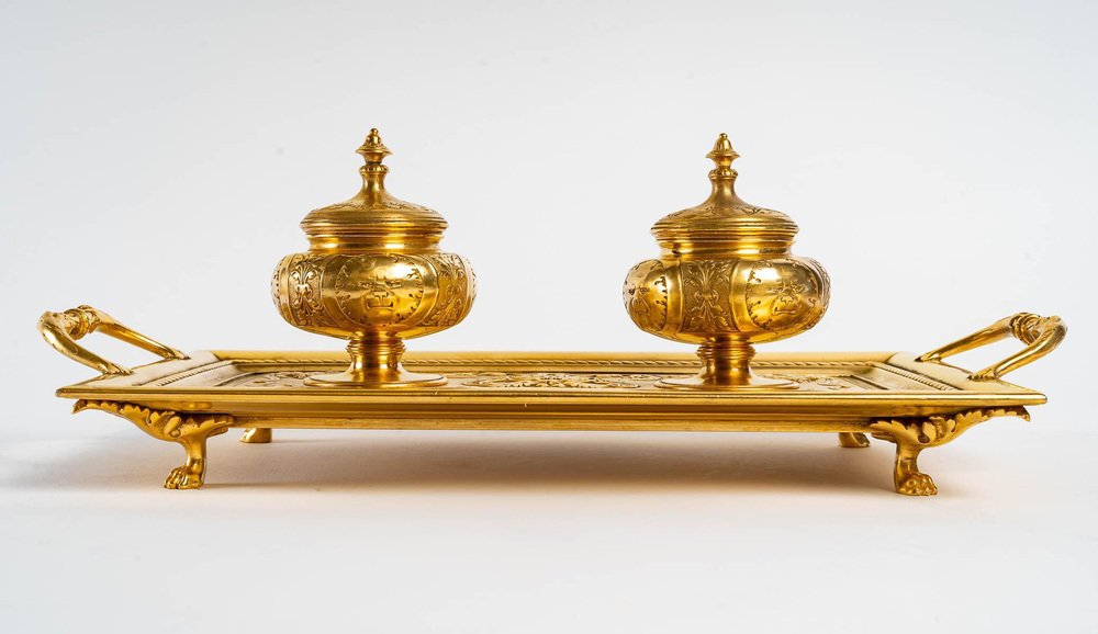 19th Century Double Inkwell in Gilded Bronze for sale at Pamono