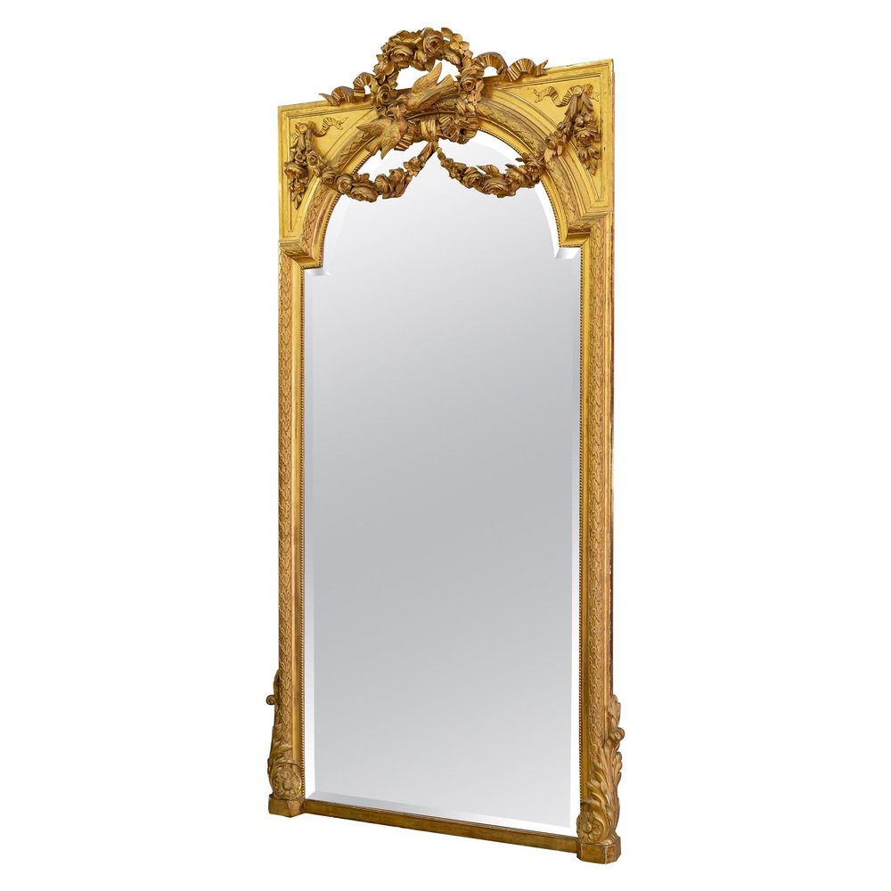 19th Century Gilded and Stuccoed Wood Pediment Mirror for sale at Pamono