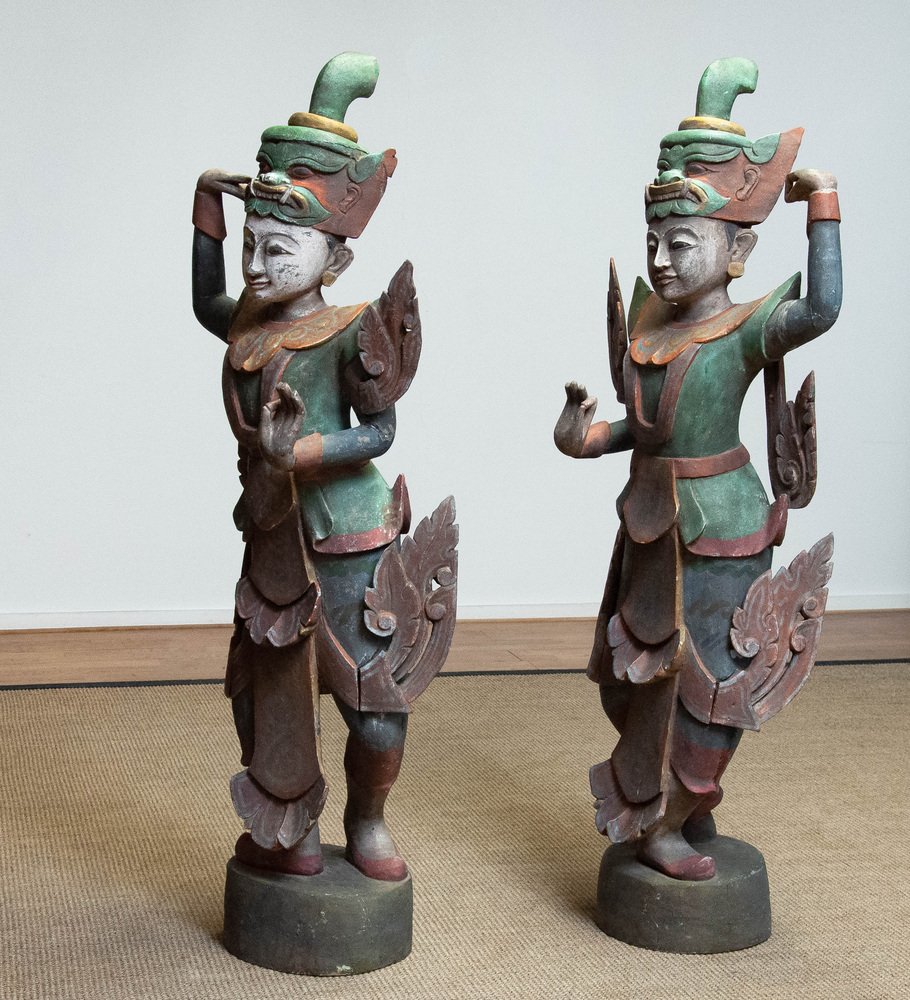 Large 19th Century Polychromed Burmese Nat Temple Dancers, Set of 2 for ...