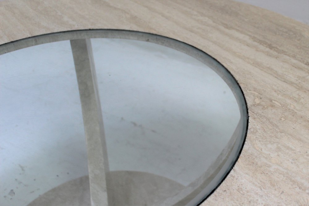 Round Travertine and Glass Coffee Table for sale at Pamono