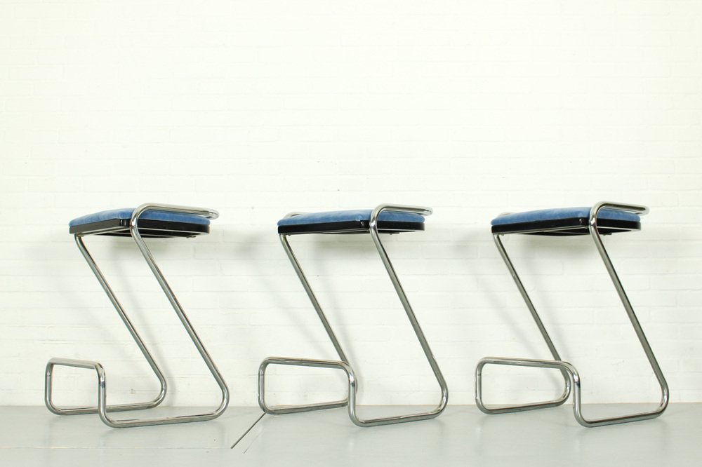 Italian Tubular Z Bar Stools in Chrome, 1970s, Set of 3 for sale at Pamono