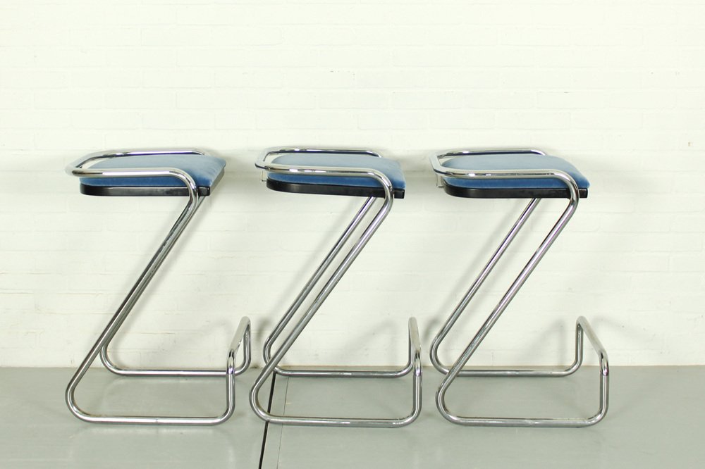Italian Tubular Z Bar Stools in Chrome, 1970s, Set of 3 for sale at Pamono
