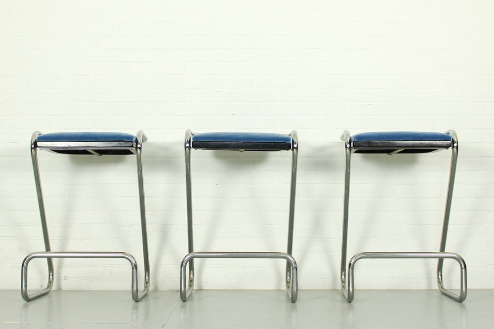 Italian Tubular Z Bar Stools in Chrome, 1970s, Set of 3 for sale at Pamono