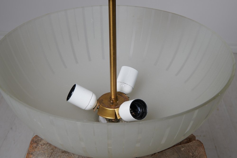 Vintage Swedish Glass and Brass Ceiling Light, 1940s for sale at Pamono