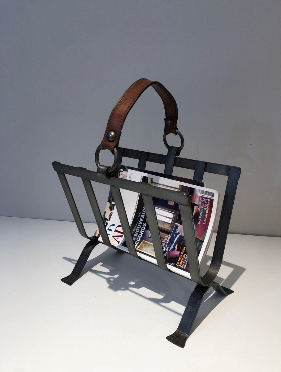 Steel and Leather Magazine Rack, 1950s for sale at Pamono