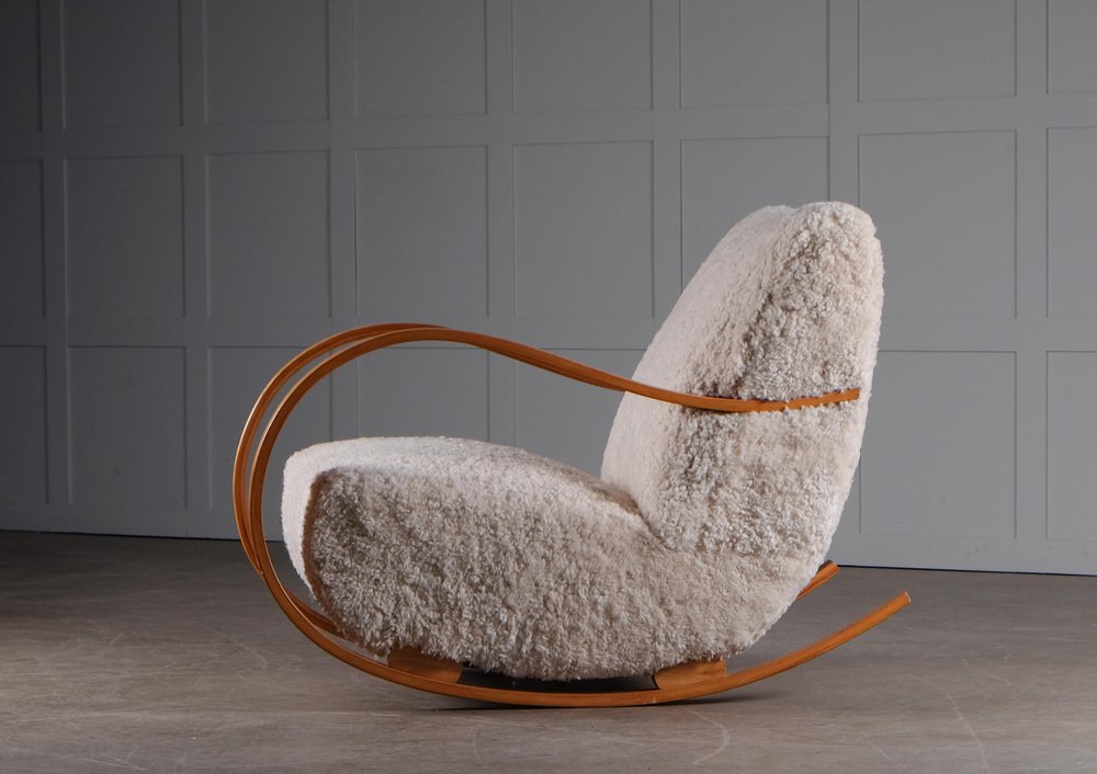 Swedish Rocking Chair in Sheepskin, 1940s for sale at Pamono
